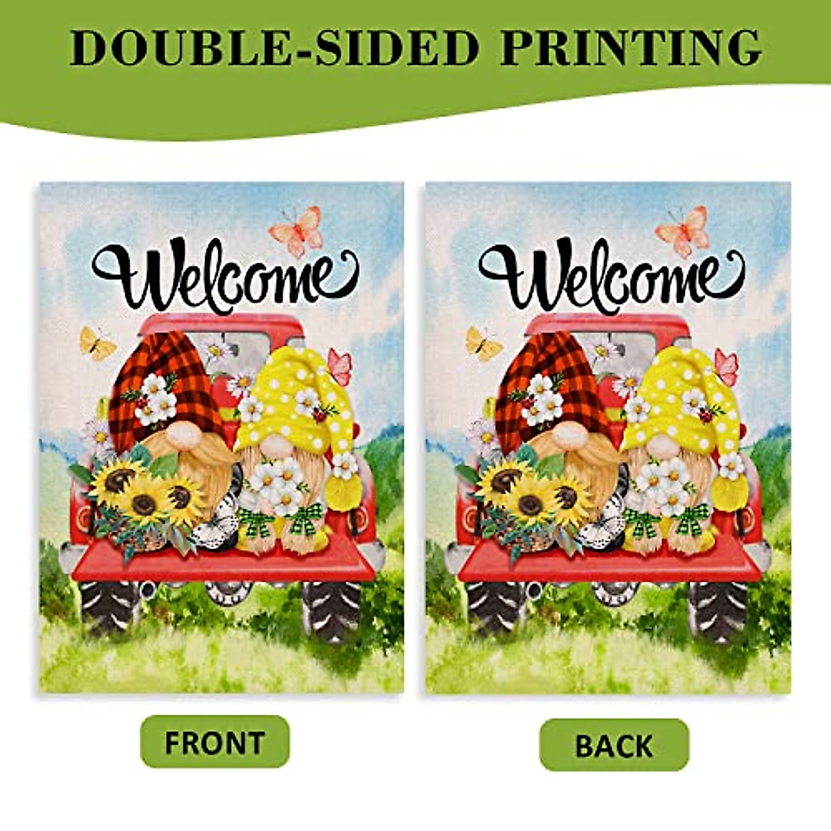 Covido Home Decorative Welcome Spring Gnome Couple Garden Flag, Summer Red Truck Butterfly Yard Daisy Flower Sunflower Plaid Check Outside Decoration, Floral Polka Dots Outdoor Small Decor 12x18