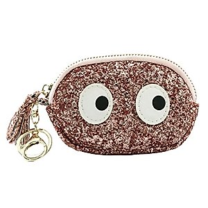 FimKaul Women Mini Grind Leather Card Holder Wallet, Fashion Sequins Zipper Purse (Pink)