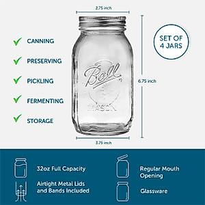 HOMESPHERE Mason Jar Set of 4 Regular Mouth 32-Ounce Mason Jars with Lids and Bands, for Canning, Fermenting, Storage