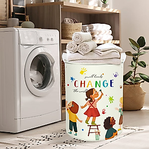 Clastyle 45L Small Hands Change The World Kid Laundry Basket Colorful Inspirational Quote Rainbow Nursery Hamper with Drawstring Round Toy Clothes Storage Basket for Back to School
