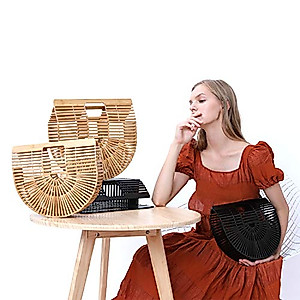 Miuco Womens Bamboo Handbag Handmade Large Tote Beach Bag Size Small Black