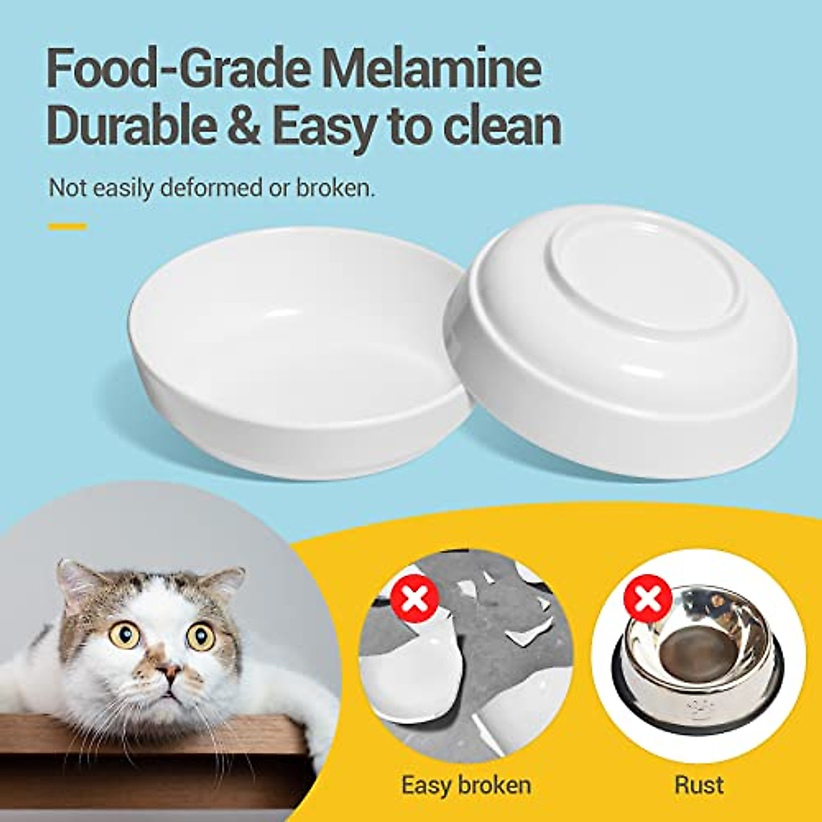 MSBC Raised Cat Bowl with Bamboo Stand, Elevated Pet Feeder with 2 Melamine Bowls, Tilted Food and Water Cat Feeding Dish, Protect Pet's Spine, Whisker Stress Free Anti Vomiting, White