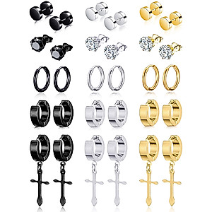 Ofeiyaa 15 Pairs Stainless Steel Dangle Hinged Earrings Hoop Huggie Earrings CZ Stud Earrings Set for Men Women Ear Piercing Jewelry Silver Black Gold Tone