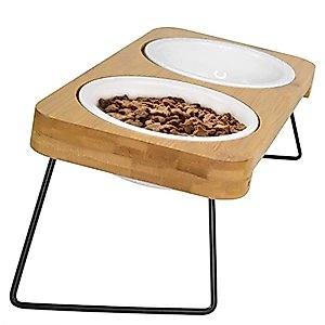 PLUROOF Ceramic Elevated 15°Tilted Cat Bowls, Food and Water Feeding Dishes Bowls, Non-Slip Metal Frame Stand Feeder for Small Size Dogs