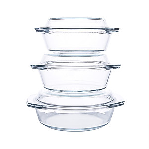 HUSANMP Set of 6 Pieces Round Tempered Glass Casserole Dish with Lids, Glass Casserole Baking Dish Set for Oven, Freezer and Dishwasher Safe - 1QT+1.5QT+1.8QT