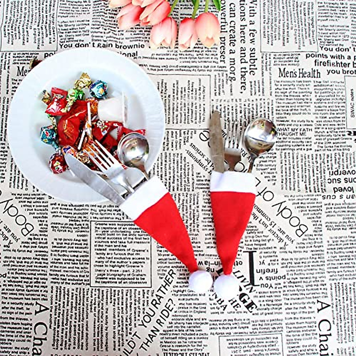 nanaxagly Christmas Santa Hats Silverware Holders Xmas Tableware Fork Spoon Knife Storage Bag - Xmas Party Dinner Table Dinnerware Decorations Supplies, 10PCS Mini Santa Hats