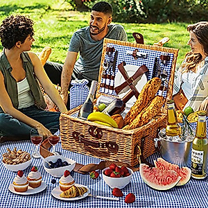 Greenstell Wicker Picnic Basket Sets for 4 Persons with High Sealing Insulation Layer,Waterproof Picnic Mat, Removable Strap and Wine Bag, Tableware, Picnic Basket for Family,Party,Outdoor,Camping