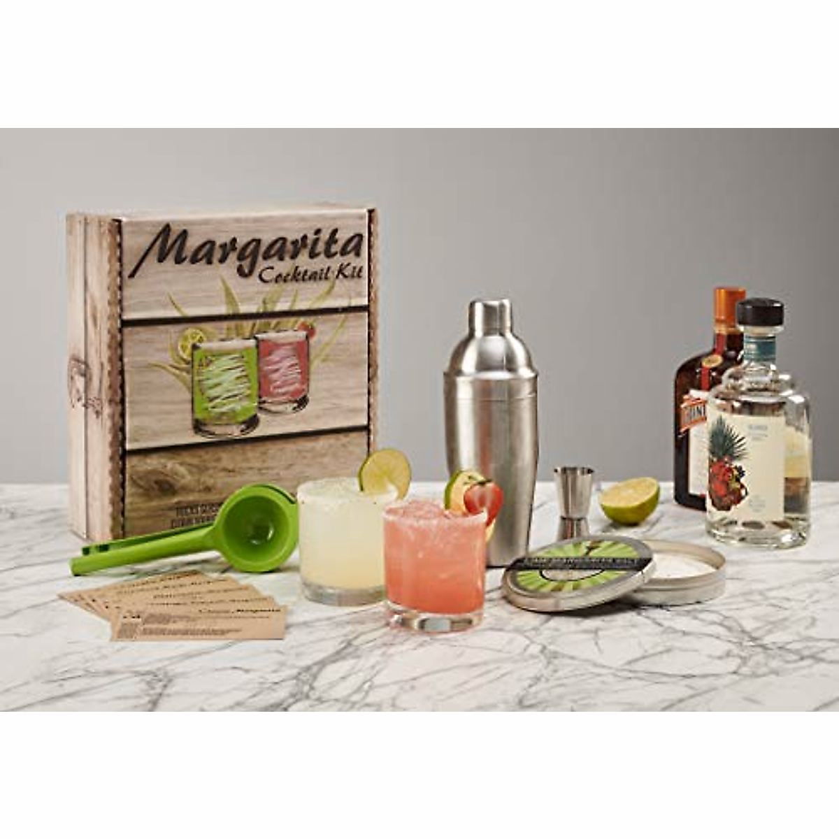 Margarita Cocktail Kit - Set of Rocks Glasses | Stainless Cocktail Shaker & Jigger | Citrus Squeezer | Rokz Lime Infused Margarita Salt | Recipe Cards. The Perfect Margarita Kit Gift Set!