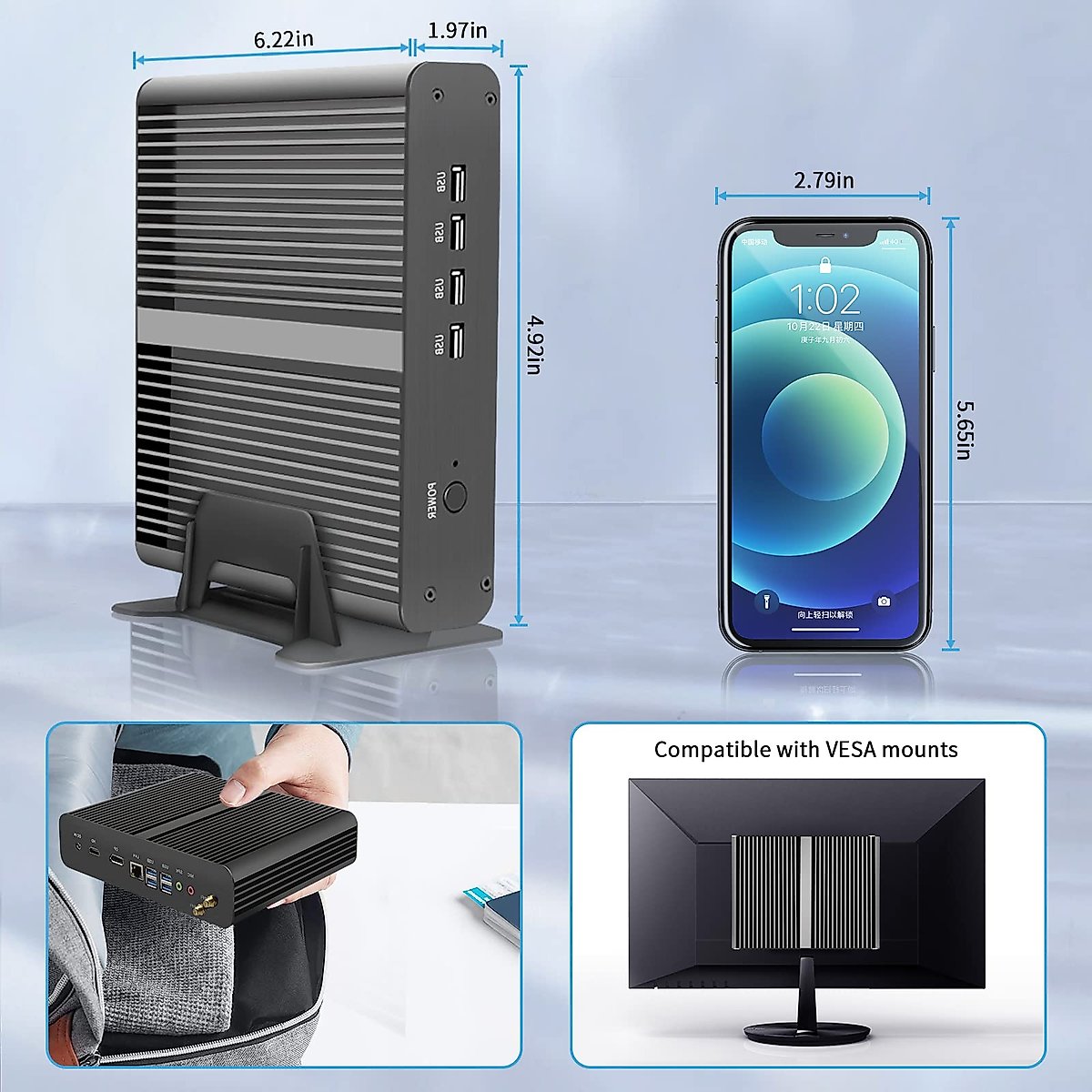 Fanless Mini PC, Kinupute Desktop Computer i7-8565U 1.8-4.6GHz, Windows 11 Pro, 16G DDR4, 256G M.2 SSD, Iris Xe Graphics, HDMI/DP, Dual Display, 4K@60Hz, Gigabit Ethernet, BT5.1, WiFi 6, Auto Power On