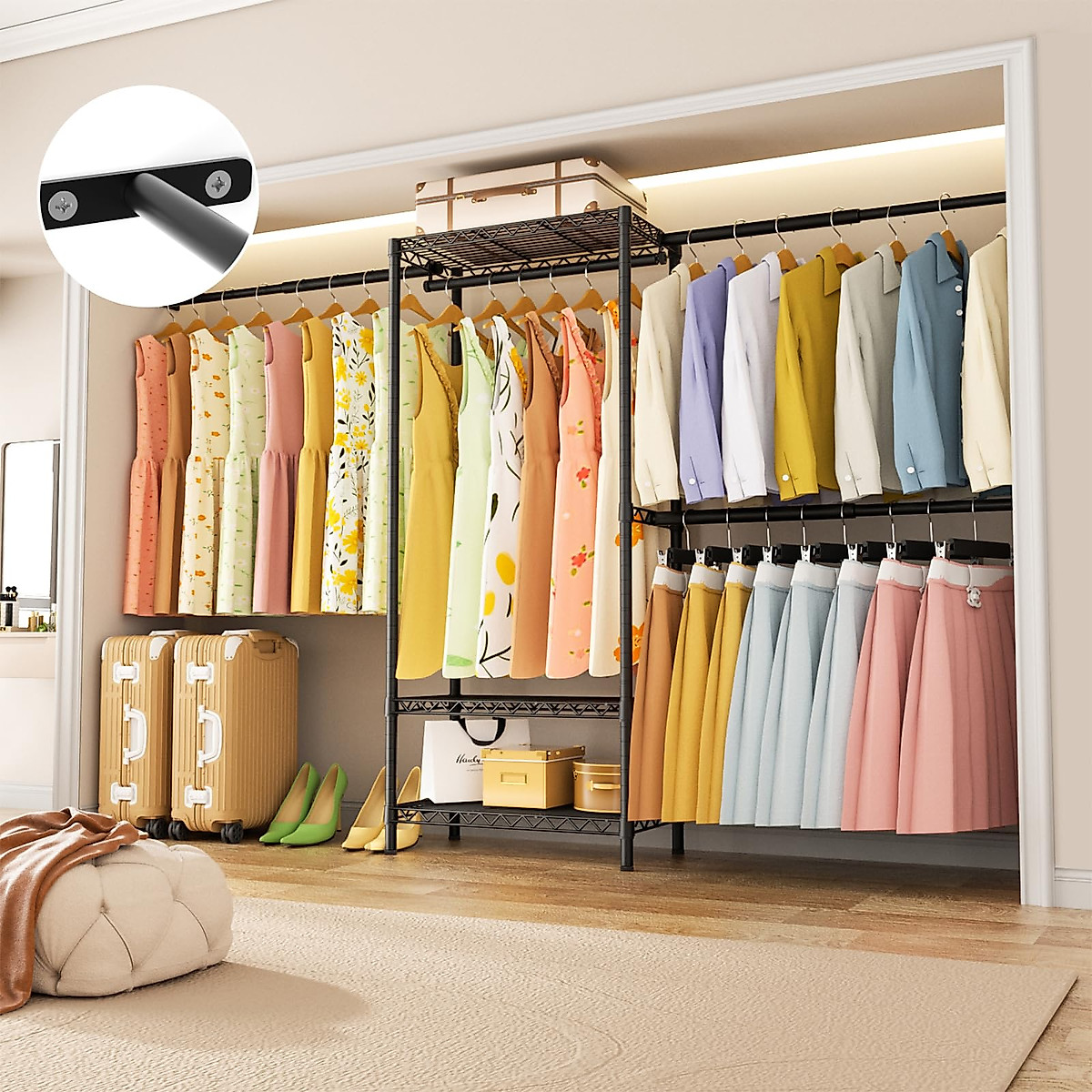 Golpart Closet Storage Organizer System,Expandable Wall Mounted Clothes Rack,3 Tiers Heavy Duty Metal Garment Rack with 3 Extendable Hanger Rods,Fits Space 5.7~8.8ft Width,76.77" H x 15.75" D