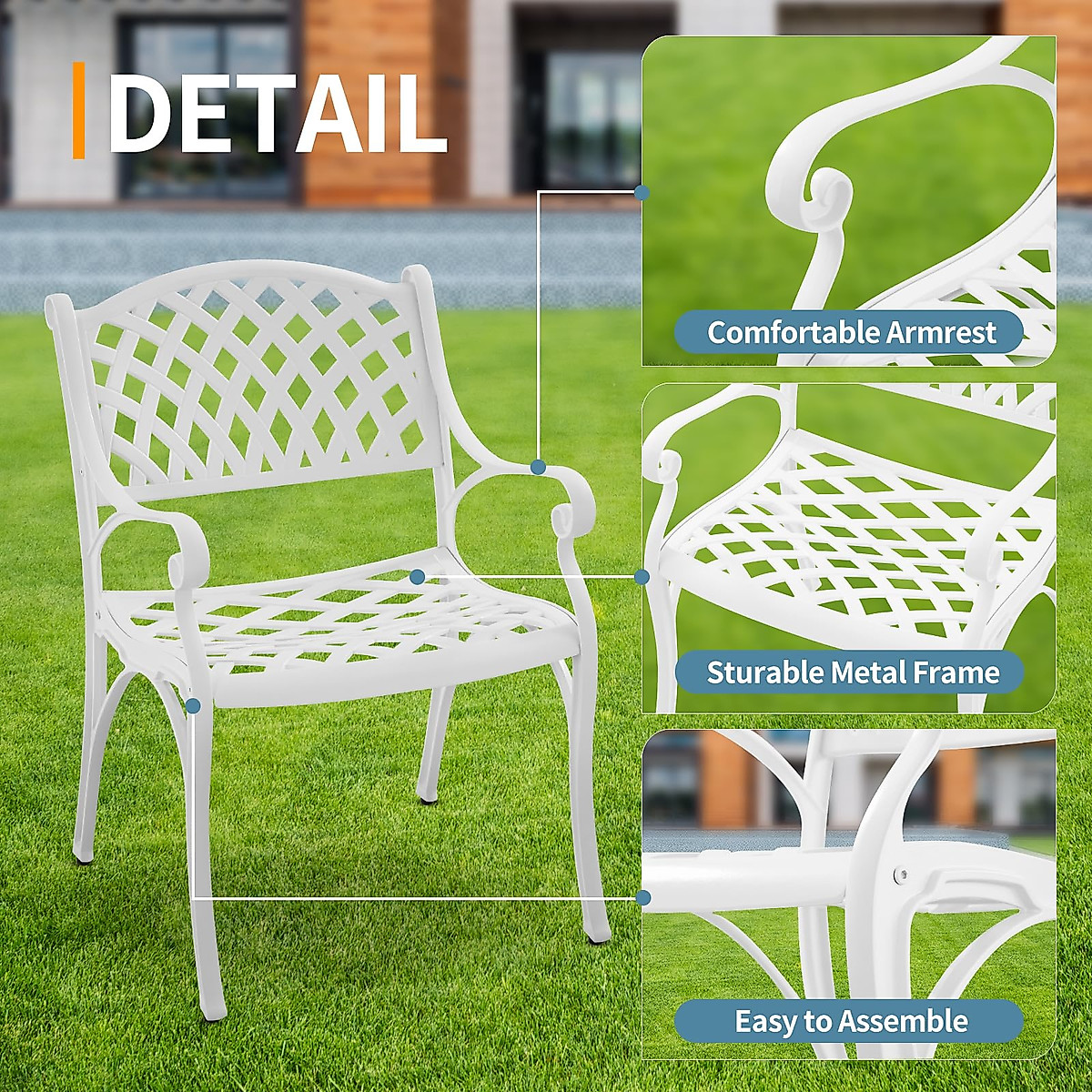 PATIO-IN 2 Pieces Outdoor Bistro Dining Chairs Cast Aluminum Patio Bistro Chair with Armrest,Outdoor Furniture Set Bistro Chairs,Metal Patio Dining Chair for Garden,White
