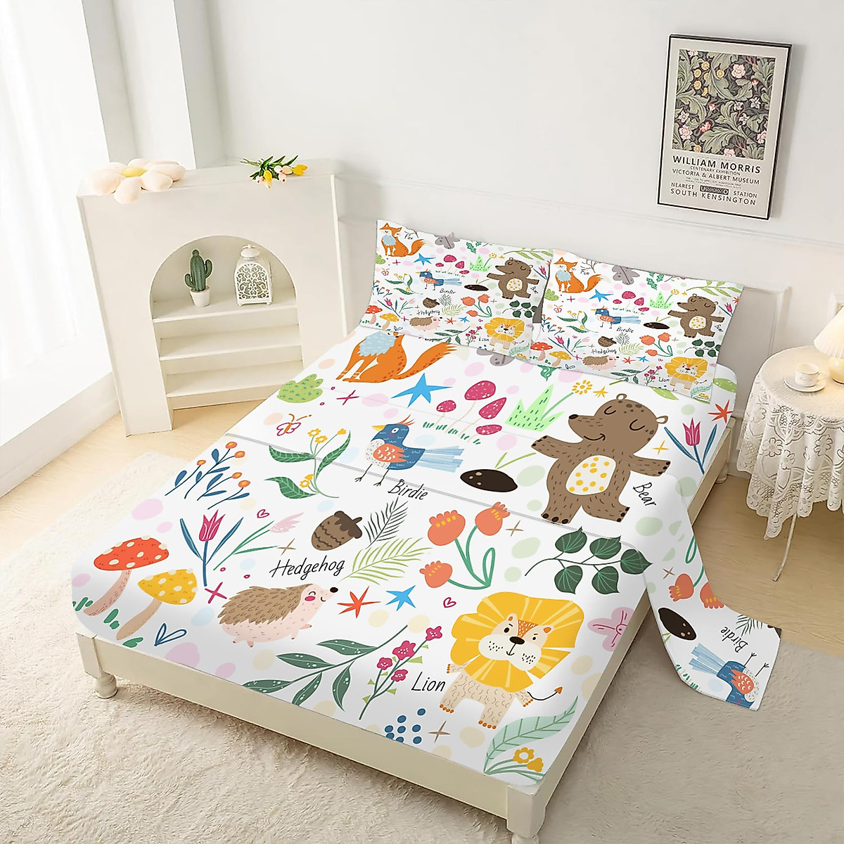 EDGZKO Sheet Set Cartoon Animals: Queen Size Cute Bed Sheets for Toddler Girls Boys Kids Deep Pocket Lovely Fox Bear Lion Flowers 4 Piece Bedding Sets 1 Flat Sheet & 1 Fitted Sheet & 2 Pillowcases