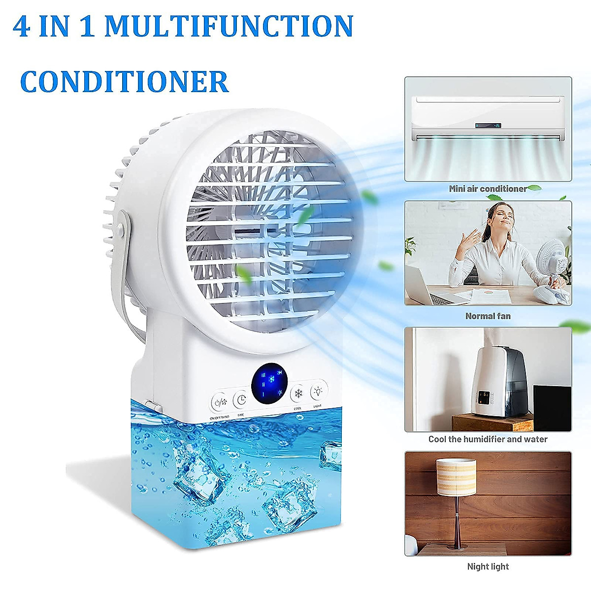 Kentaly Portable Air Conditioner Fan, 4 in 1 Personal Air Conditioner Cooler with Timing, 3 Speeds Mini Air Conditioner Portable, Quiet Desk Air Conditioner Fan Portable AC Unit with 7 Colors Light
