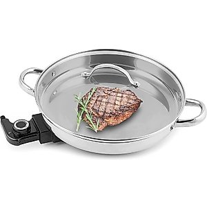 11.8-Inch Capacity Electric Skillet - for Simmer Fry Bake Steam (Silver)