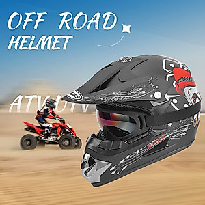 OUMURS Adult Dirt Bike Helmet with Goggles Gloves & Mask Adjustable Sun Visor DOT/FMVSS-218 Motorcycle Adult ATV Helmet Off-Road Motocross Downhill Moped MX for Unisex-Adult-New Black Skull, L