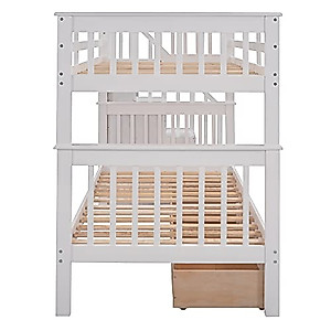 Harper & Bright Designs Twin Over Twin Bunk Bed with Stairs and Drawers, Solid Wood Stairway Bunk Bed with Storage for Kids Teens Adults, Bedroom, Dorm - White