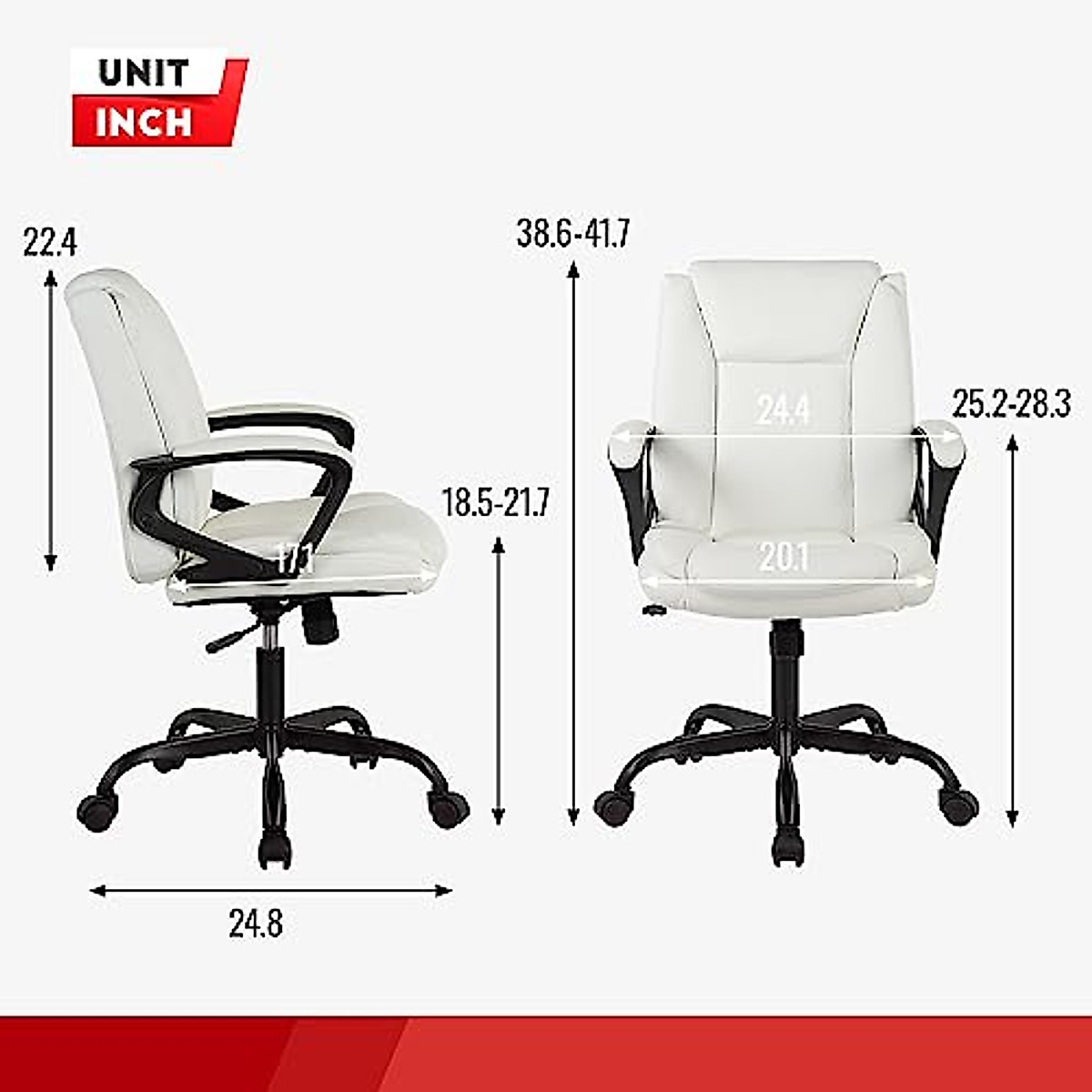 Home Office Chair Ergonomic Desk Chair PU Leather Task Chair Executive Rolling Swivel Mid Back Computer Chair with Lumbar Support Armrest Adjustable Chair for Men (White)