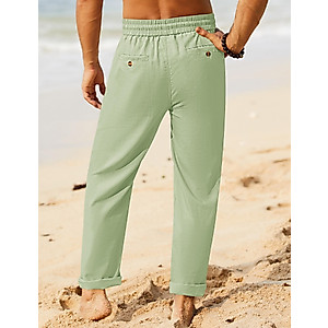 iWoo Mens Lounge Pants Lightweight Baggy Linen Pants Elastic Waistband 2XL Green