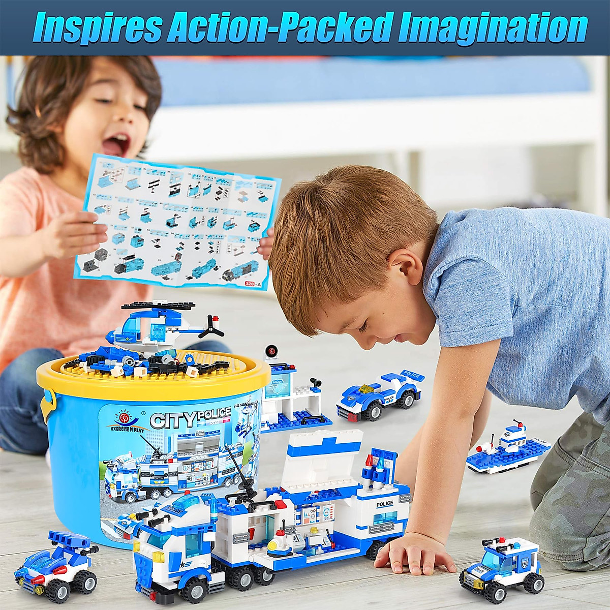 EP EXERCISE N PLAY 1338 Pieces City Police Car Building Sets, Police Station Truck Toy Blocks Set with Prison Helicopter Cop Car Boat for Boys and Kids Aged 6-12