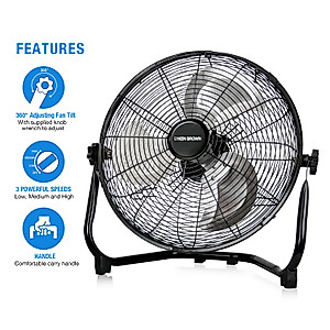 KEN BROWN 14 Inch High Velocity Floor Fan 3-Speed 360° Adjustable Tilting Powerful Airflow for Home,Residential Use, Black
