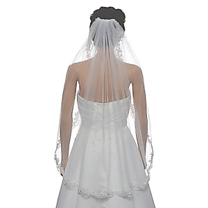 1T 1 Tier Flower Scallop Embroided Lace Pearl Veil - Ivory Fingertip Length 36" V467