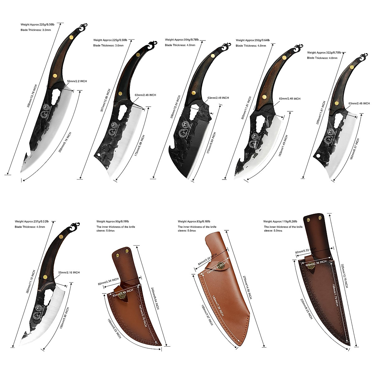 XYJ FULL TANG Outdoor Chef Knife 6-pieces Set Stainless Steel Slice Kitchen Knives Come With Universal Leather Case Carry Knife Bag Cutlery Knives Accessories