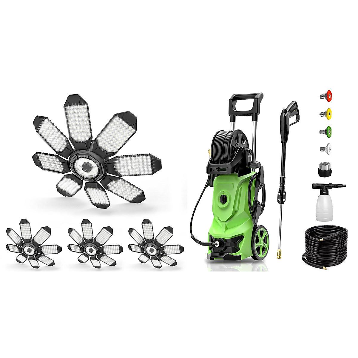 POLARPRA Garage Light - 80000LM Super Bright 6500K Garage Lights Ceiling Led w/ 8 Deformable Panels and Electric Power Washer - 3000 PSI 2.6 GPM Pressure Washers with Foam Cannon