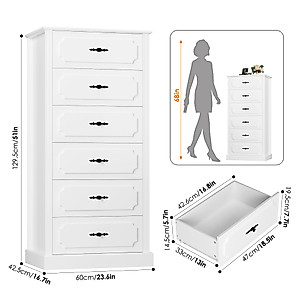 FINETONES 6 Drawer White Dresser, 51" Tall White Dresser Chest of Drawers, Tall Dresser White 6 Drawer Dresser with Large Storage Space, Modern Storage Chest of Drawers, Super Stable Base