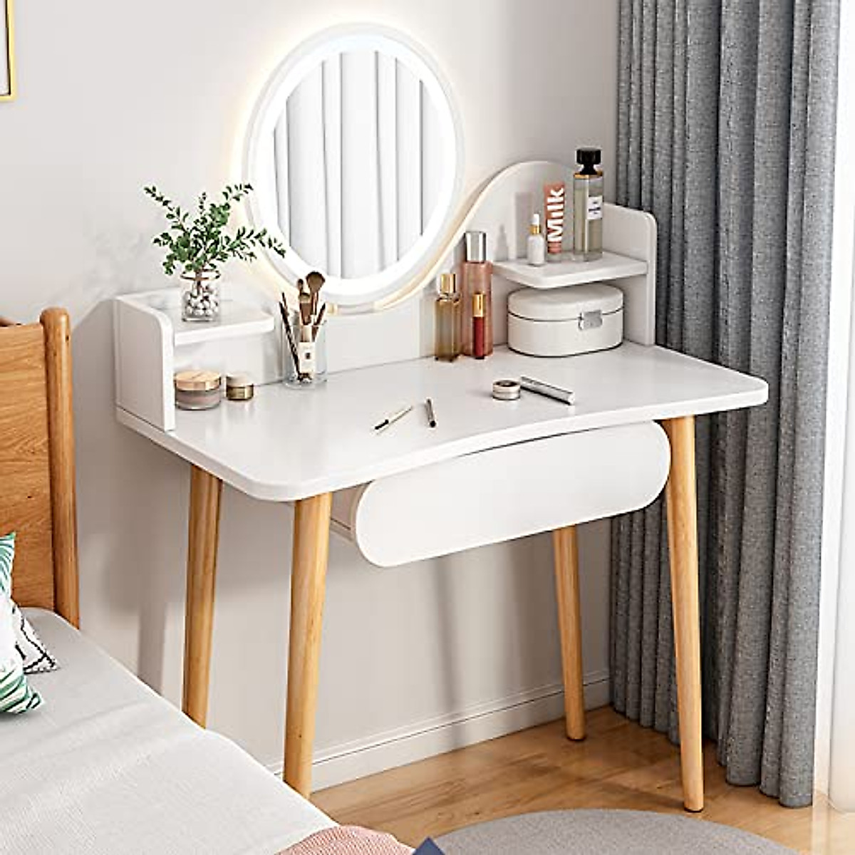 Vanity Desk with Lighted Mirror,Vanity Table Makeup Vanity with Lights, White Color 3 Lighting Modes Adjustable Brightness, 1 Drawer Makeup Table for Bedroom Studio (White,31.5*15.7*47inch）