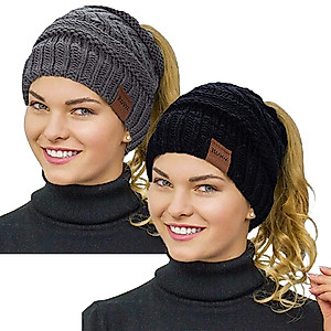 Rosoz 2 Pack Ponytail Beanie for Women,Winter Warm Beanie Tail Soft Stretch Cable Knit Messy High Bun Hat Black/Grey