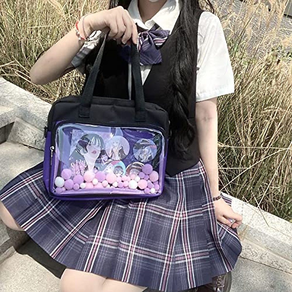 Hipi-shop Ita bag Japanese Color matching Transparent shoulder bag crossbody bag for Anime Lolita Bag DIY Cosplay Display Anime badges handbag (Black)