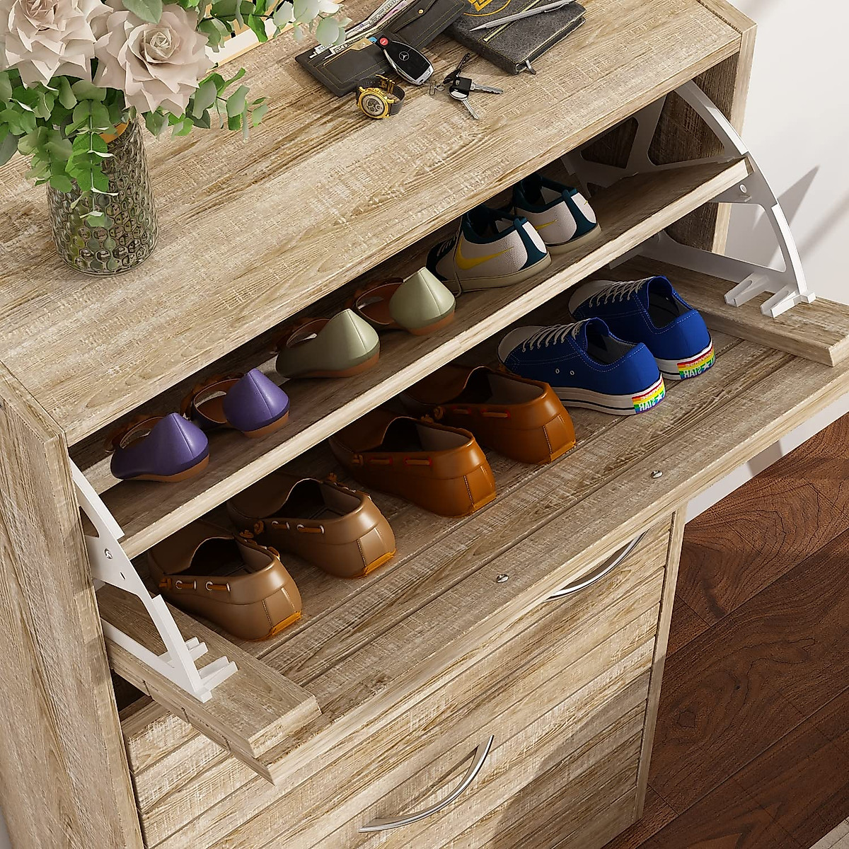 ECACAD 3-Drawer Shoe Storage Cabinet with Ventilate Doors, Wood 3-Tier Shoe Rack Storage Organizer for Entryway, Hallway, Brown (22.4”W x 9.4”D x 42.3”H)