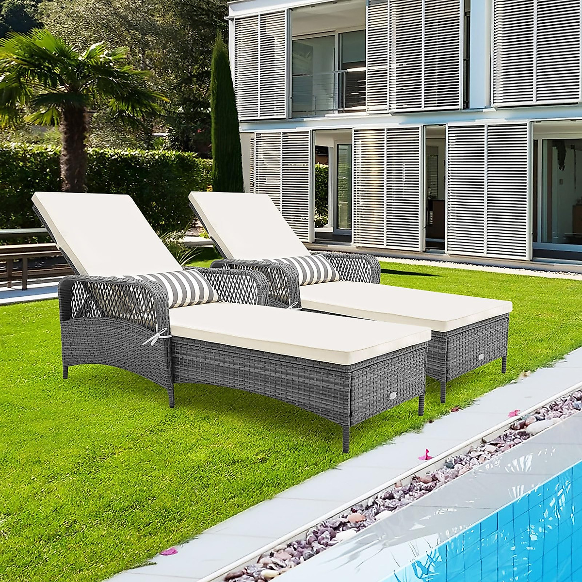 Tangkula Outdoor Chaise Lounge, Patio PE Recliner with 6-Level Backrest, Soft Seat Cushion & Waist Pillow, Heavy-Duty Metal Frame, Outside Chaise Lounge Chair for Poolside, Backyard