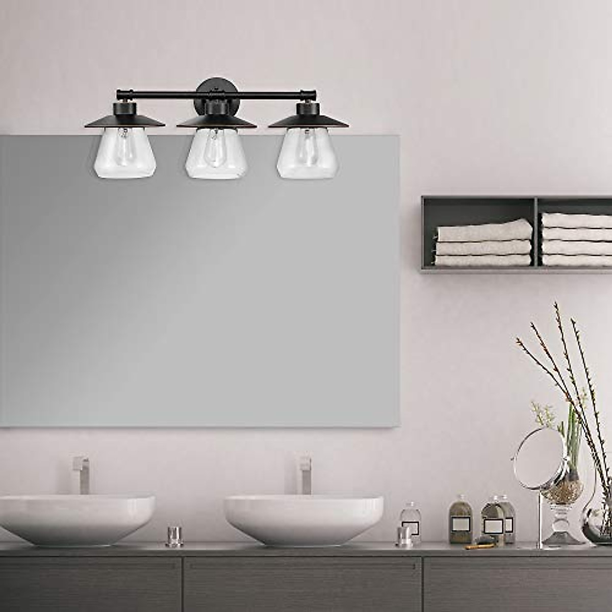 Globe Electric 51496 Nate 5-Piece All-in-One Bathroom Set, Oil Rubbed Bronze, 3 Vanity Light with Clear Glass Shades, Bar, Towel Ring, Robe Hook, Toilet Paper Holder