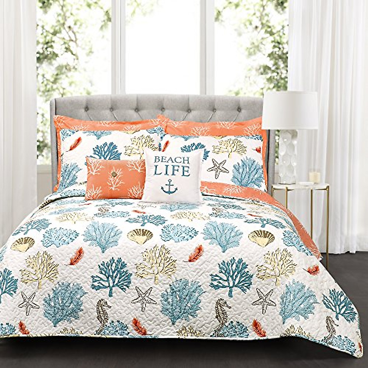 Lush Decor Full Queen-Blue and Coral Coastal Reef Quilt-Reversible 7 Piece Bedding Set with Feather Seashell Design