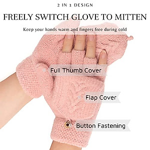 Flammi Women's Warm Knitted Fingerless Gloves Convertible Mittens (Pink)