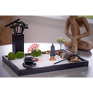 Zen Garden for Desk – 21pc. Japanese Zen Sand Garden Kit for Home, Office Desktop, Beautiful Gift, Therapy, Meditation Mini Decor Set– 11x8in. Large Sand Tray, Rocks, Black Rake Tools & Accessories