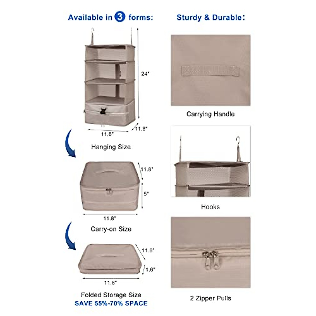 ELEZAY Hanging Packing Cubes Portable Closet Shelves Travel Collapsible Compression Garment Organizer for Carry-on Luggage Suitcase with Breathable Perforated Material Large_11.8*11.8*24 IN, Beige