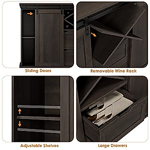 HOSTACK Farmhouse Buffet Sideboard, Coffee Bar Cabinet with Storage, Liquor Wine Cabinet with Sliding Barn Doors, Accent Cabinet for Home, Kitchen, Dining Room, Dark Brown