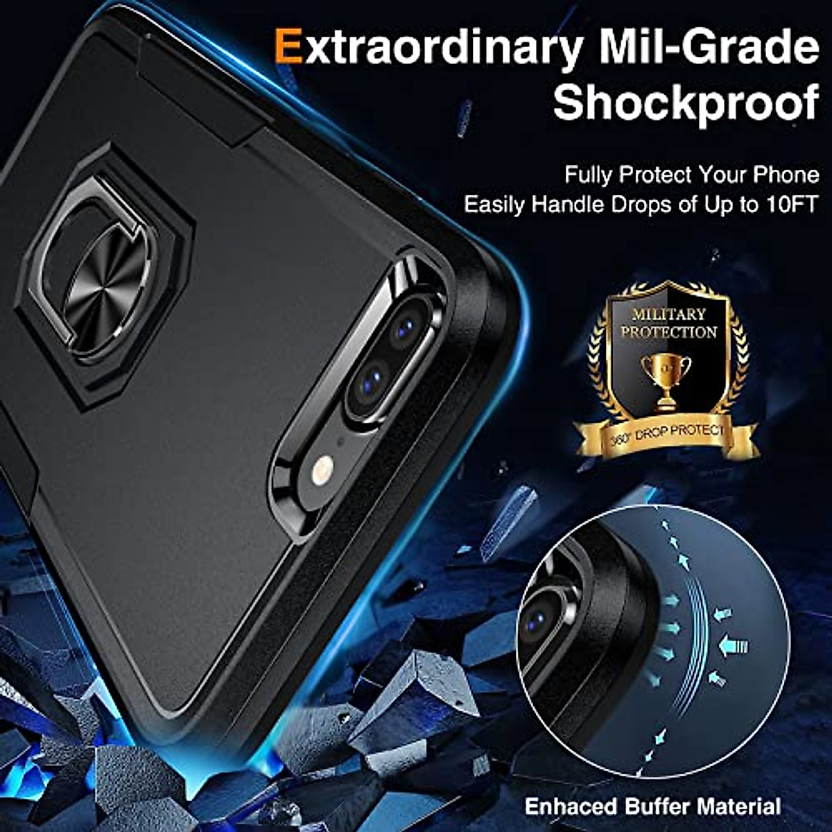 Nineasy for iPhone 8 Plus Case, [4 in 1] iPhone 7 Plus Case with[2Pcs 9H Glass Screen Protector] Built-in[360° Ring Stand] [10FT Military Dropproof] Shockproof Phone Case for iPhone 8 Plus/7 Plus 5.5"
