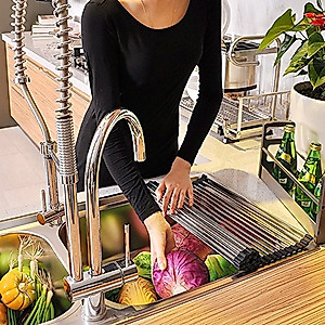 Ahyuan Roll up Dish Drying Rack Over The Sink Dish Drying Rack Dish Racks for Kitchen Counter Dish Rack Over Sink Camper Accessories Dish Drying Rack (Black, 13.8''Wx17.7''L)