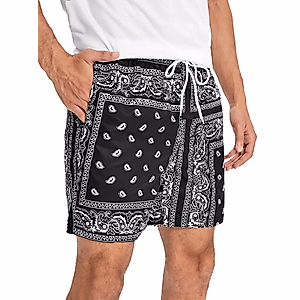 Floerns Men's Boho Tribal Print Drawstring Waist Summer Shorts with Pocket Black & White Paisley S