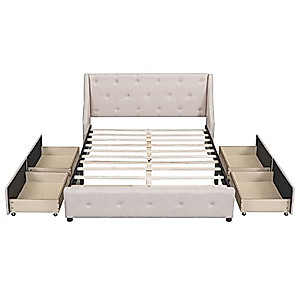 OPTOUGH Queen Size Upholstered Platform Bed with 4 Drawers and Wingback Tufted Headboard and Modern Storage Queen Bed Frame with Slats Support,Linen Fabric,No Spring Box Needed,Beige