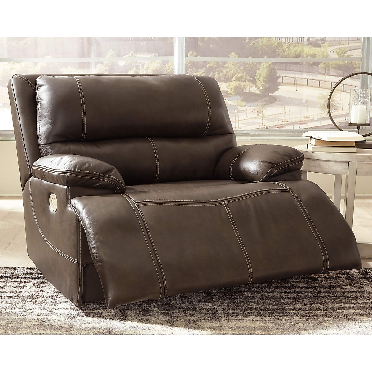 Signature Design by Ashley Ricmen Leather Adjustable Oversized Power Recliner with USB Charging, Dark Brown