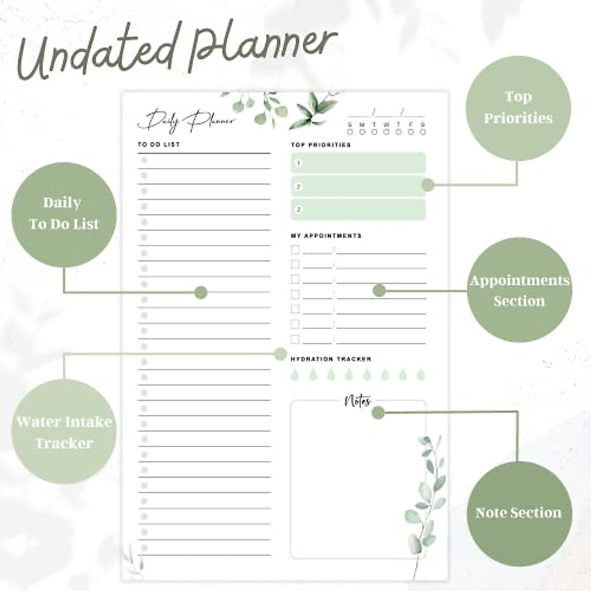 Daily Planner with Spiral Binding,6x9 Inches Undated Planner (To Do List),Greenery Design Daily To Do Planner, Habit Trackers, Time Management and Productivity Organizer