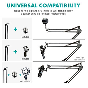 Movo Studio Boom Microphone Arm for Webcam - Scissor Suspension Stand for Webcam, WebMic, Microphone, Ring Light with USB-C to USB-A Extension Cable and Thread Adapters - Boom Arm for Microphone