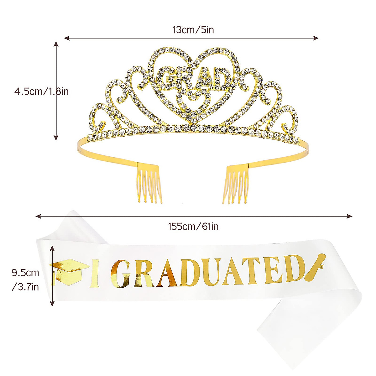 CAVETEE Gold Graduate Crown and Sash Congratulations Graduate 2024 Grad Party Decorations 2024 Graduate Crowns for Women Grad Tiara and I Graduated Sash for Women Grad Cap Decorations Grad Cap Topper