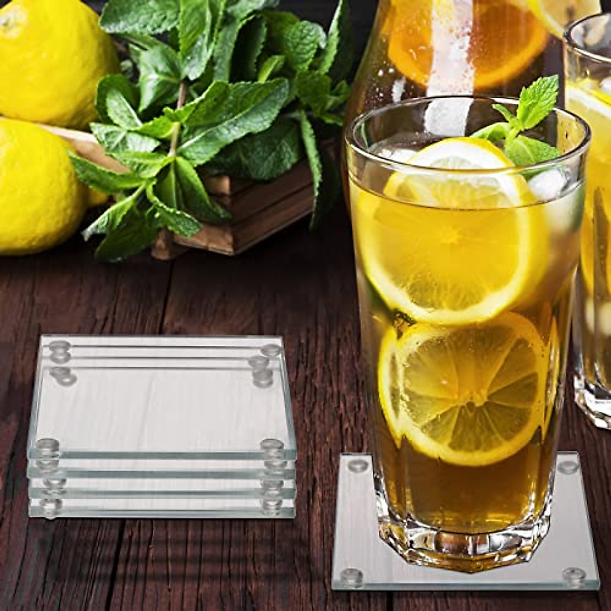 YOUEON Set of 6 Glass Drink Coaster Set, 3.5"x3.5" Crystal Clear Square Tabletop Protection Mat, Decorative Glass Plates for Mugs, Cups, Dining Tables, Office, Kitchen, Home Decor and Parties