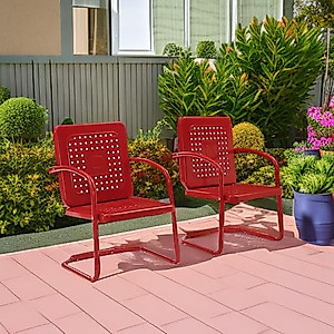 Crosley Furniture Bates 2-Piece Outdoor Chair Set, Retro Metal Patio Chairs for Dining, Porch, Deck, Balcony, Bright Red Gloss