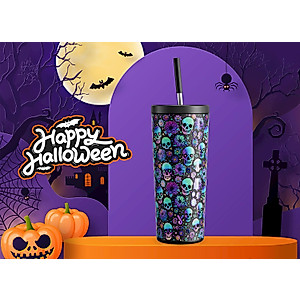 Meoky 24 oz Halloween Tumbler with Lid and Straw, Stainless Steel Vacuum Insulated Tumbler, Keeps Cold for 24 Hours, 100% Leak Proof, Fits in Car Cup Holder (Black Skull)